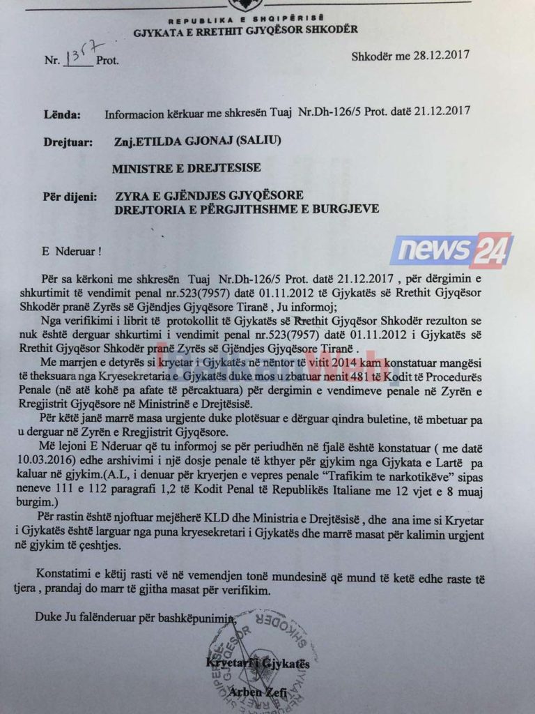 SHKRESA/ Ministrja e Drejtësisë kërkoi hetim, zbardhet përgjigjja e ...