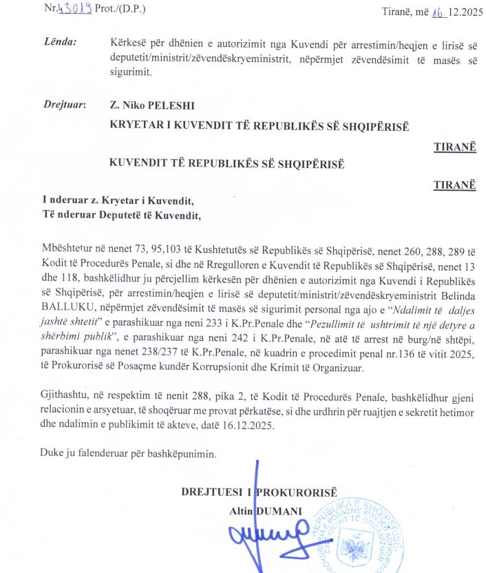 Zbardhet shkresa e SPAK me firmën e Dumanit drejtuar Kuvendit, për ...