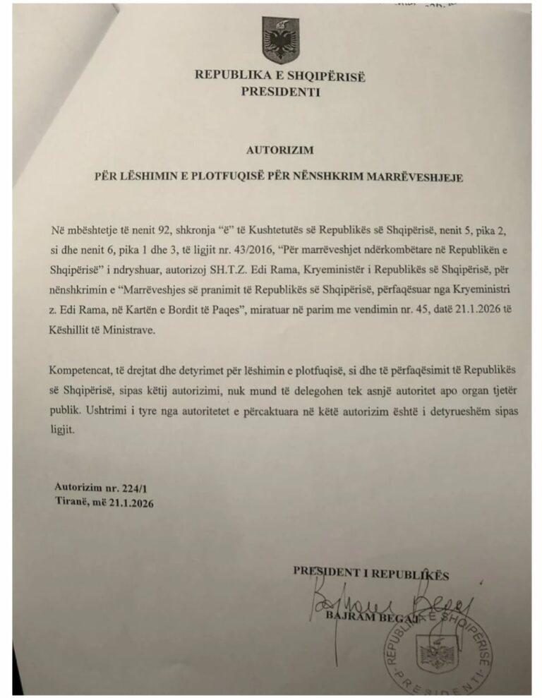 Dokumenti/ Begaj autorizon Ramën për pjesëmarrjen në Bordin e Paqes ...